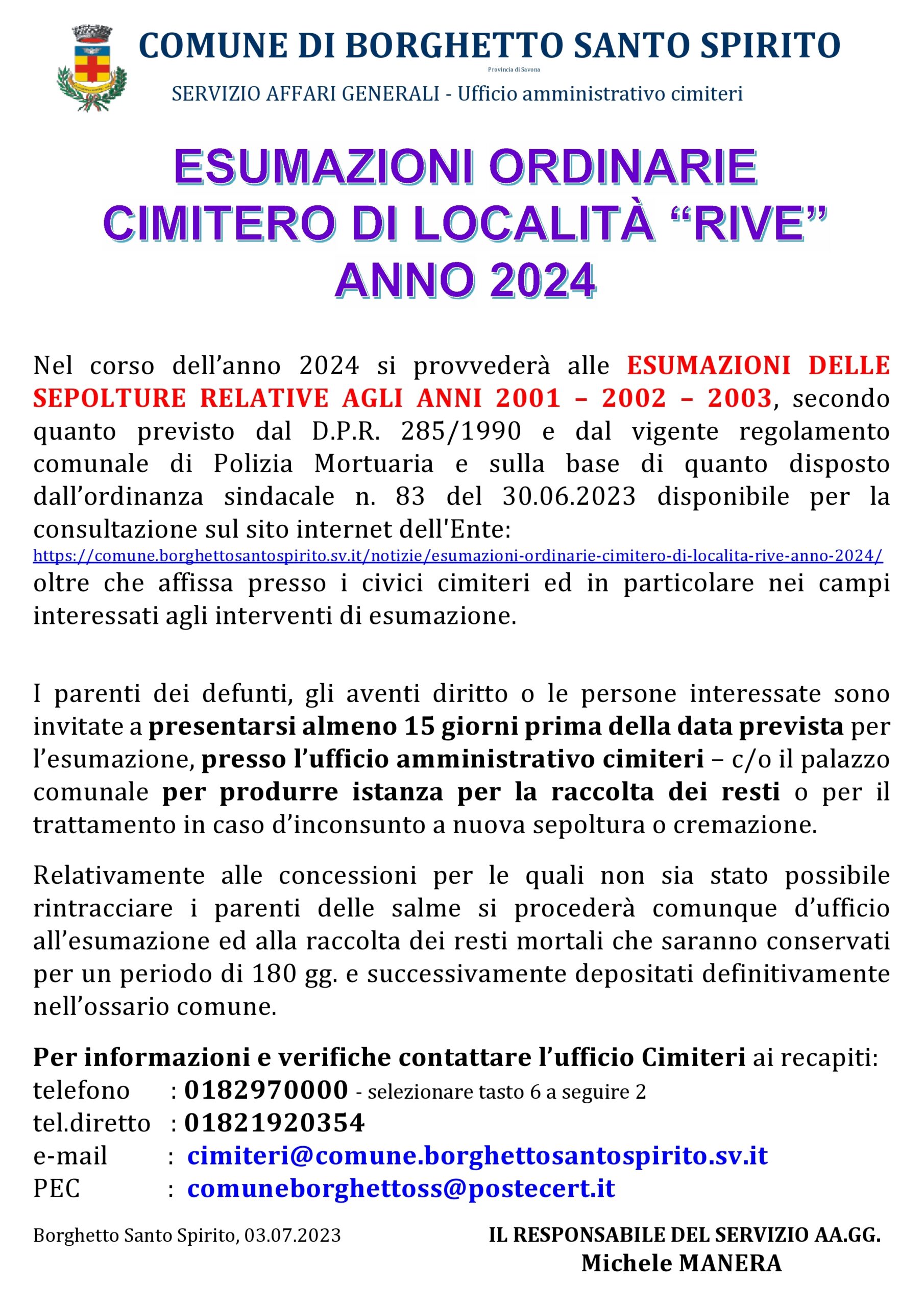 Esumazioni Ordinarie 2023/2024 – Comune di Borghetto Santo Spirito