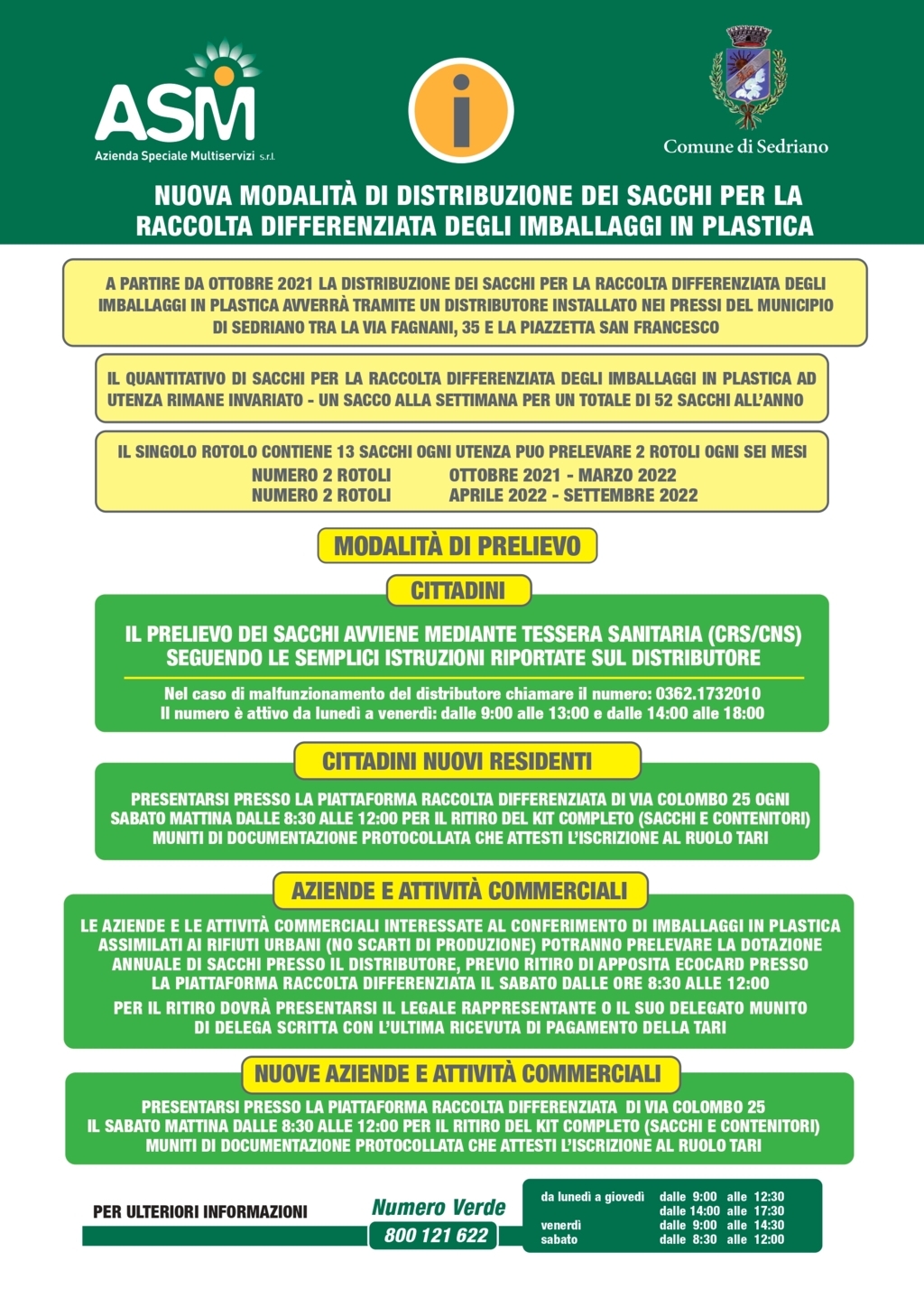 Nuova modalità di distribuzione dei sacchi per la raccolta ...